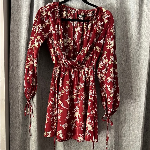 Missguided | Dresses | Missguided Red Floral Dress With Bishop Sleeves ...